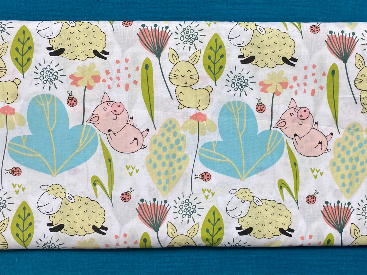Cotton 100% Kids - pigs with sheep in a meadow on a white background ...