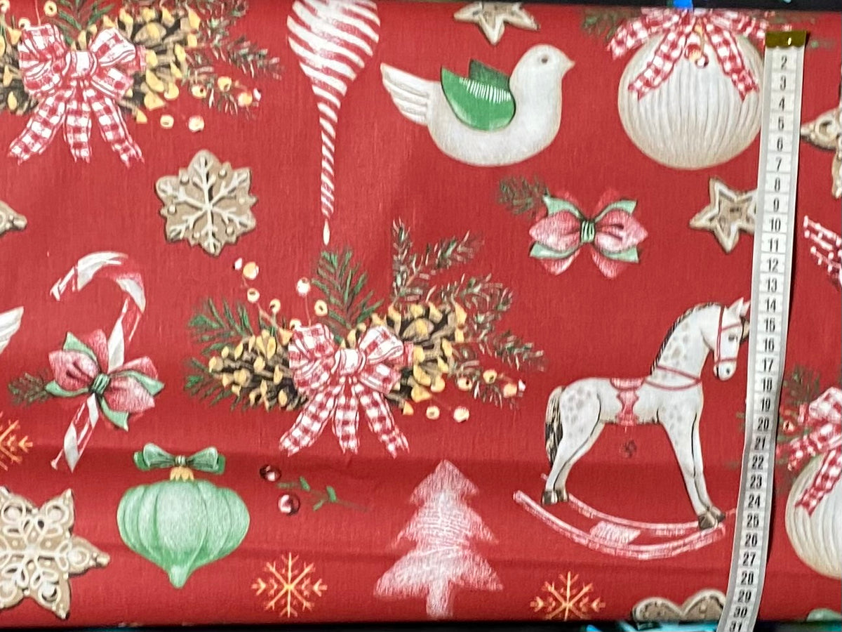 Cotton 100% Christmas - pattern decorations RETRO on red back ...