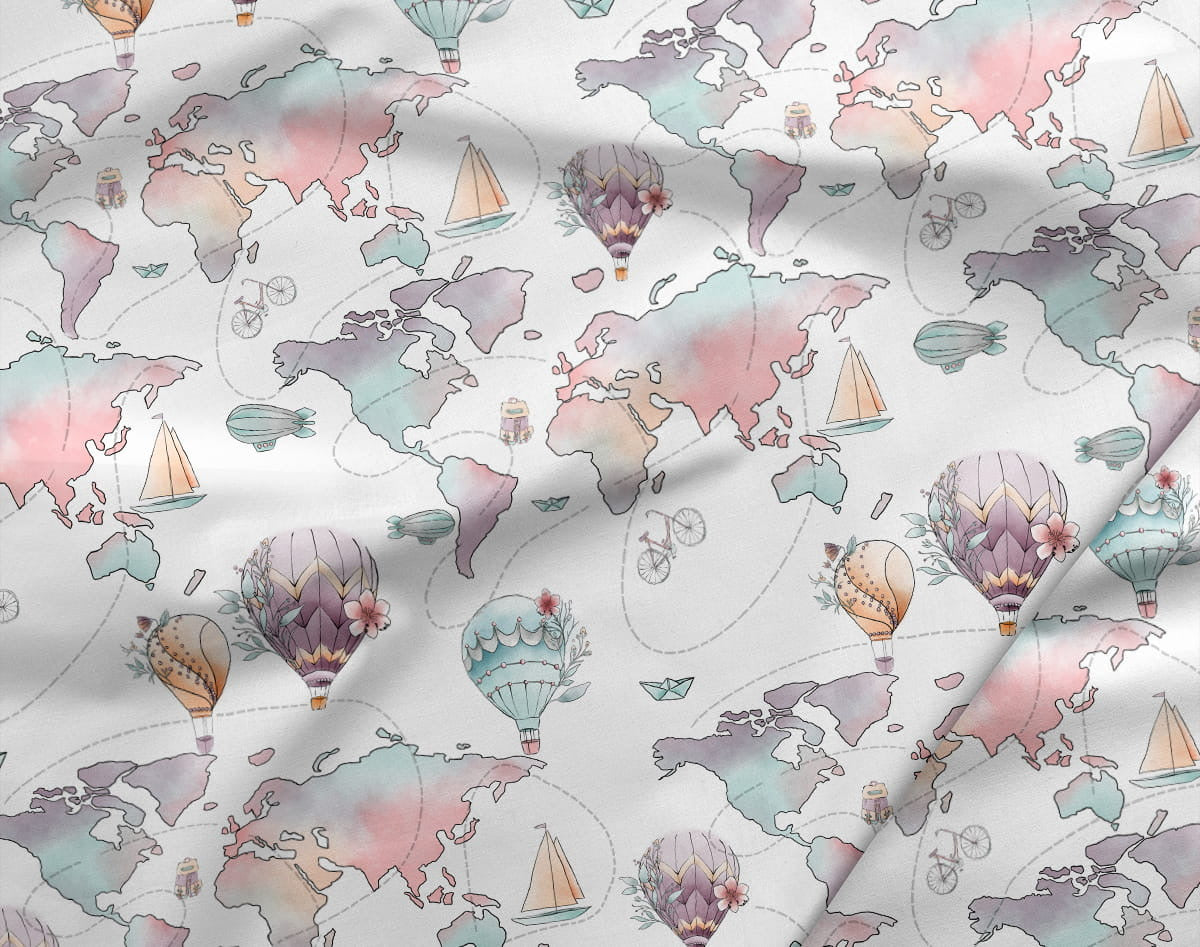 Cotton 100% Premium Digital Print - World map and balloons – Handicraft ...